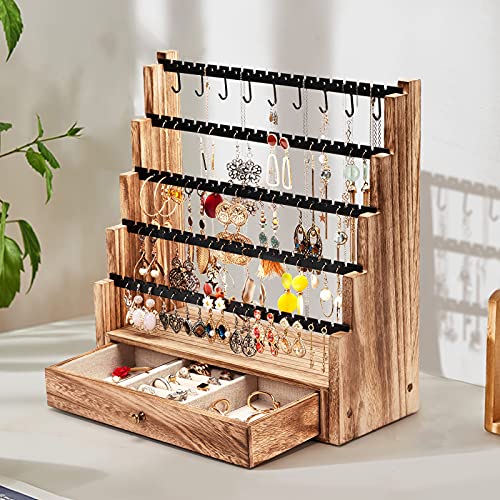 Earring Organizer, 5 Layer Earring Holder Organizer with Metal Necklace Holder Pole, Rustic Wood Jewelry Organizer Stand Display for Stud Earring Bracelet Necklace Ring, 175 Earring Holes (Brown)