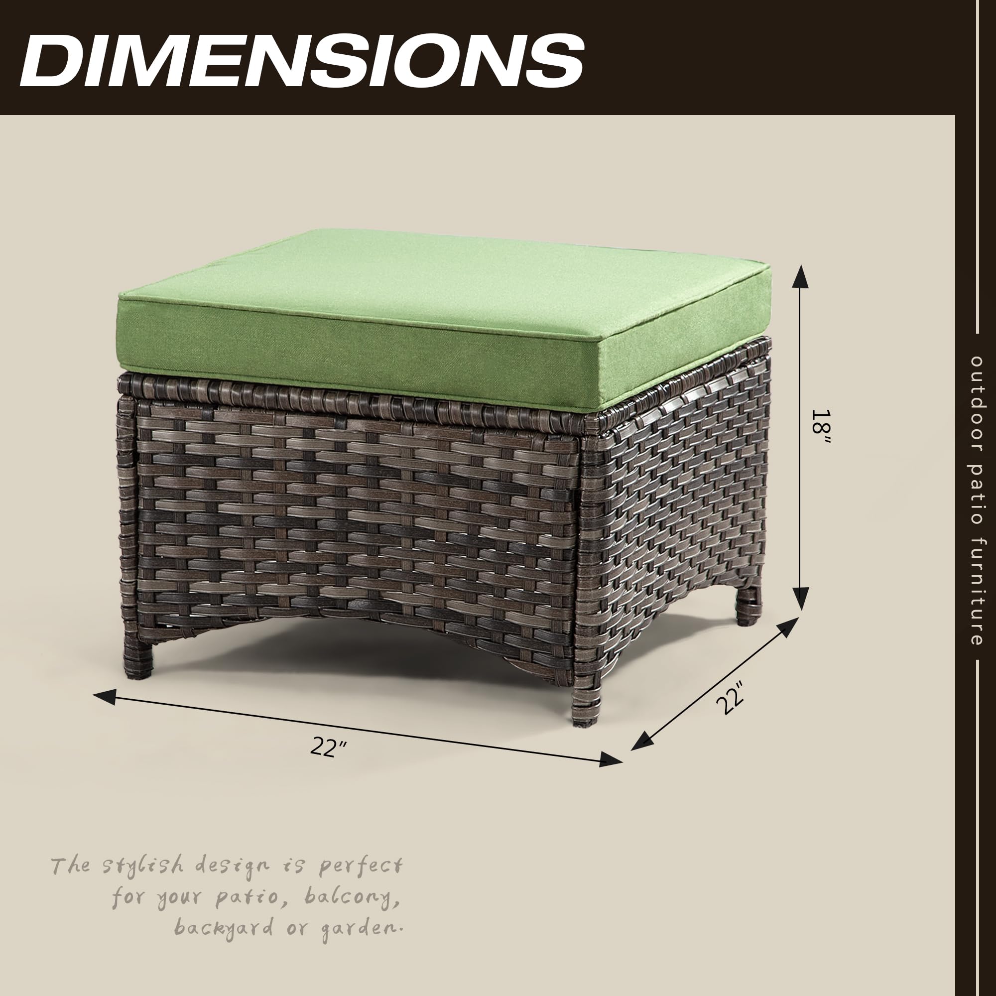 MeetLeisure Outdoor Ottomans for Patio Set of 2 PE Wicker Steel Frame Outdoor Footstool with Removable Olefin Cushions for Patio, Backyard and Deck,Green