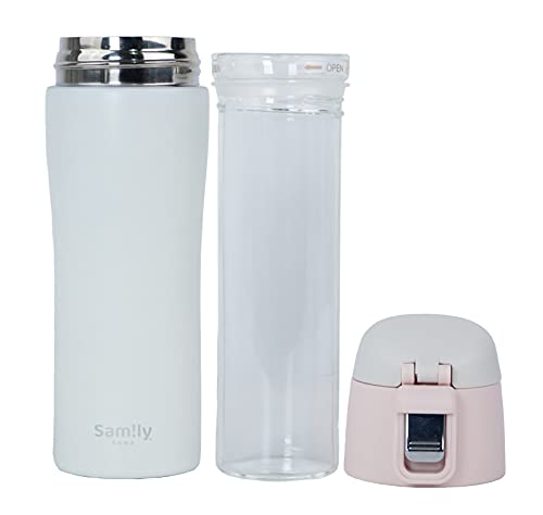 DEDEYA Samily 16oz/473ml Stainless Steel Vacuum Insulated Glass Bottle featured with an easy open flip-top cap, with glass liner inside. keep beverage hot or cold for hours.(Pink Lid )