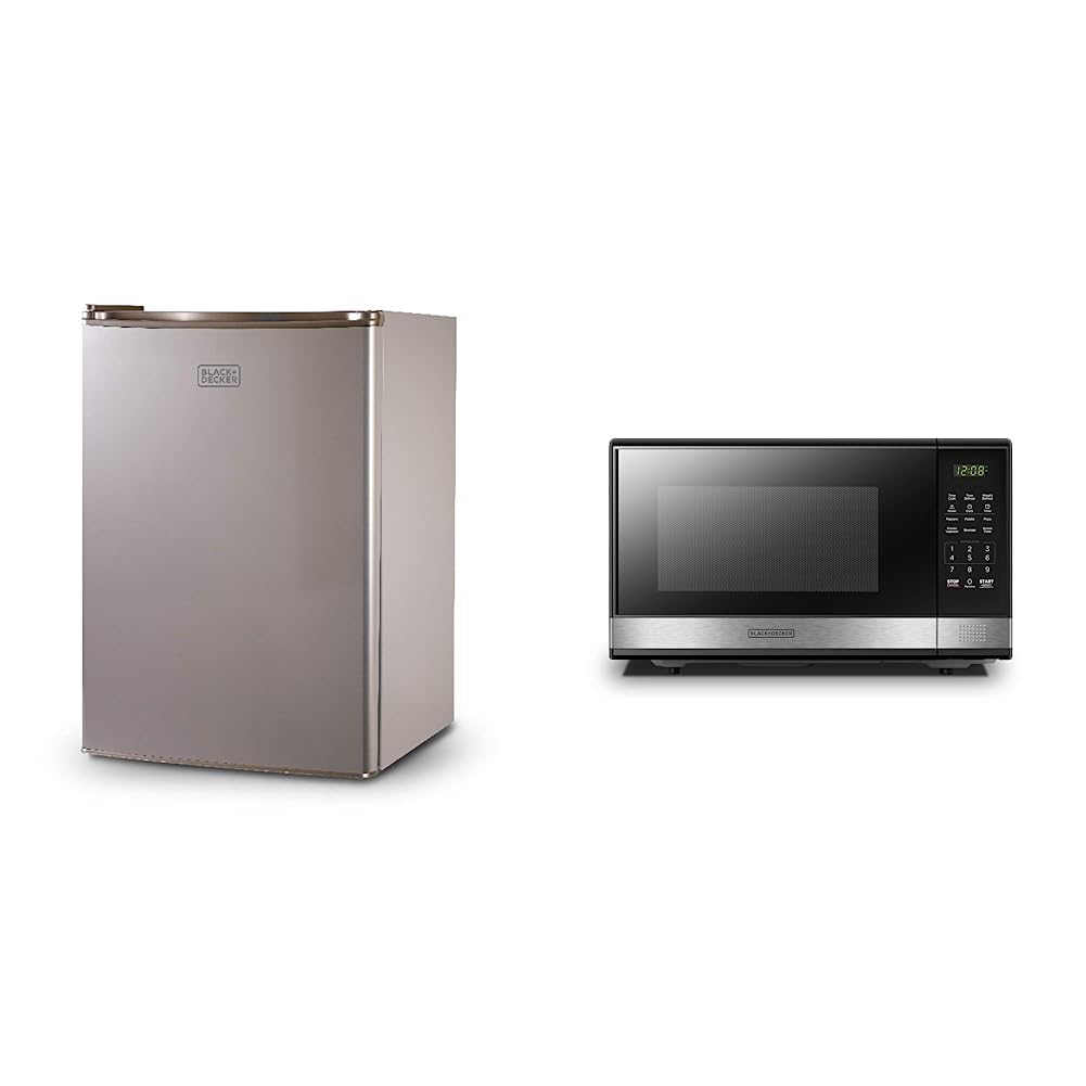 BLACK+DECKER BCRK25V Compact Refrigerator Energy Star Single Door Mini Fridge with Freezer & EM031MB11 Digital Microwave Oven with Turntable Push-Button Door, Child Safety Lock