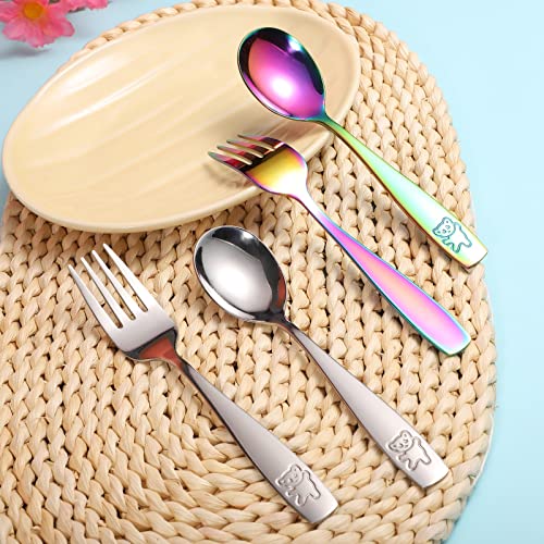 12 Pieces Kids Rainbow Silverware Stainless Steel Kids Utensils Forks and Spoons, Metal Toddler Cutlery Set Childrens Safe Flatware Sets for LunchBox, Dishwasher Safe