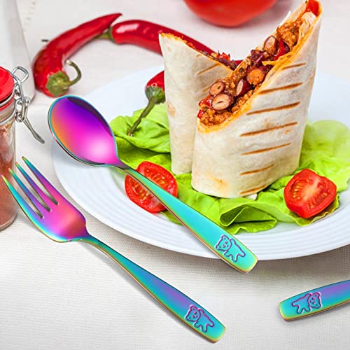 12 Pieces Kids Rainbow Silverware Stainless Steel Kids Utensils Forks and Spoons, Metal Toddler Cutlery Set Childrens Safe Flatware Sets for LunchBox, Dishwasher Safe