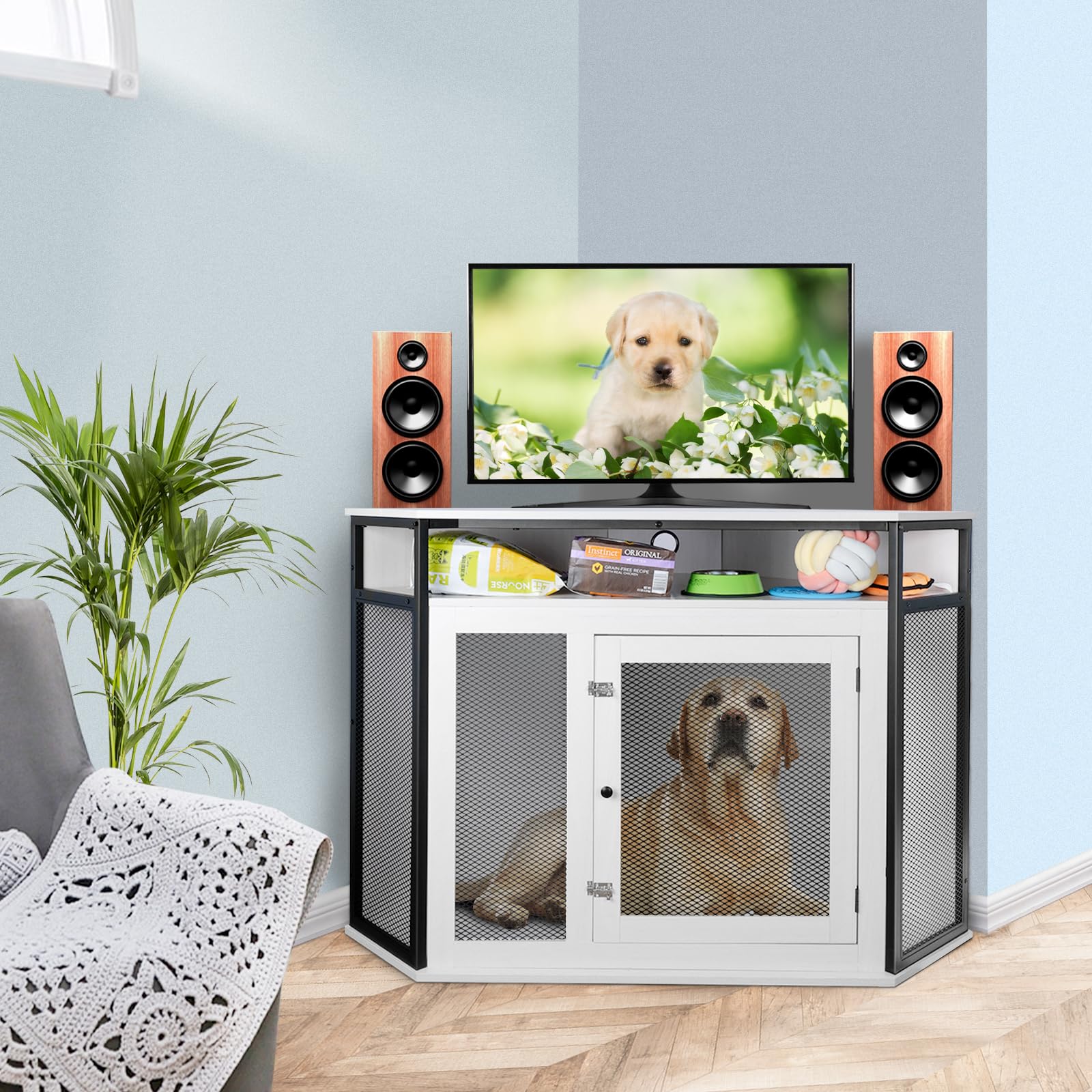 Dreamania Corner Dog Crate Furniture with Storage, 51.3" Upgraded Modern Dog Cage, End Table, Indoor Pet Crate Small Medium Large Dogs, White, Perfect for Limited Room
