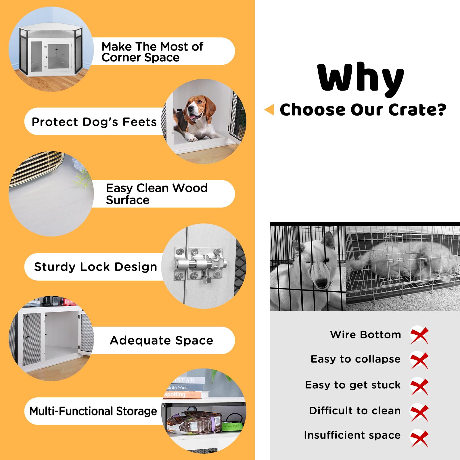 Dreamania Corner Dog Crate Furniture with Storage, 51.3" Upgraded Modern Dog Cage, End Table, Indoor Pet Crate Small Medium Large Dogs, White, Perfect for Limited Room