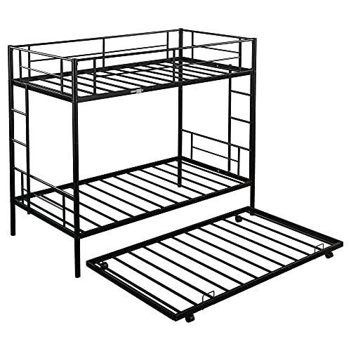 CALABASH Twin Over Twin Metal Bunk Bed with Trundle Heavy Duty Twin Size Metal Bunk Beds Frame with 2 Side Ladders Convertible Bunkbed with Safety Guard Rails,No Box Spring Needed (Black)