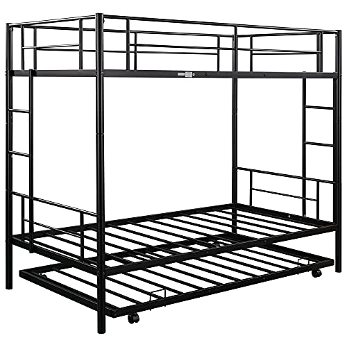 CALABASH Twin Over Twin Metal Bunk Bed with Trundle Heavy Duty Twin Size Metal Bunk Beds Frame with 2 Side Ladders Convertible Bunkbed with Safety Guard Rails,No Box Spring Needed (Black)