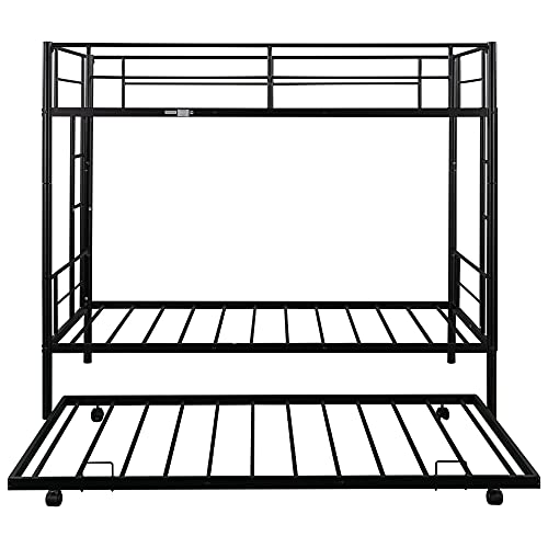 CALABASH Twin Over Twin Metal Bunk Bed with Trundle Heavy Duty Twin Size Metal Bunk Beds Frame with 2 Side Ladders Convertible Bunkbed with Safety Guard Rails,No Box Spring Needed (Black)