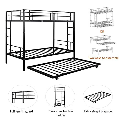 CALABASH Twin Over Twin Metal Bunk Bed with Trundle Heavy Duty Twin Size Metal Bunk Beds Frame with 2 Side Ladders Convertible Bunkbed with Safety Guard Rails,No Box Spring Needed (Black)