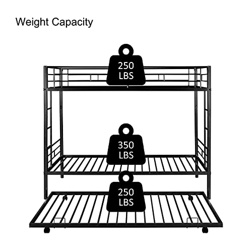 CALABASH Twin Over Twin Metal Bunk Bed with Trundle Heavy Duty Twin Size Metal Bunk Beds Frame with 2 Side Ladders Convertible Bunkbed with Safety Guard Rails,No Box Spring Needed (Black)