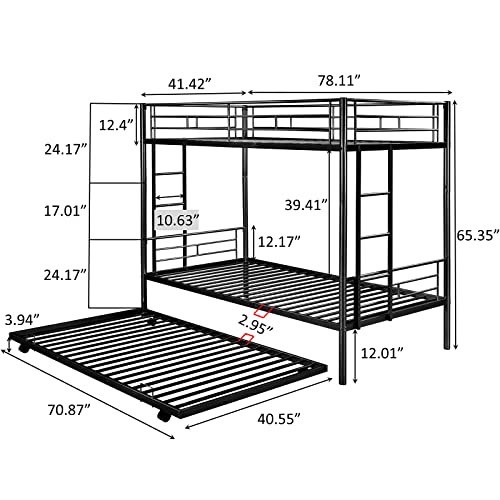 CALABASH Twin Over Twin Metal Bunk Bed with Trundle Heavy Duty Twin Size Metal Bunk Beds Frame with 2 Side Ladders Convertible Bunkbed with Safety Guard Rails,No Box Spring Needed (Black)