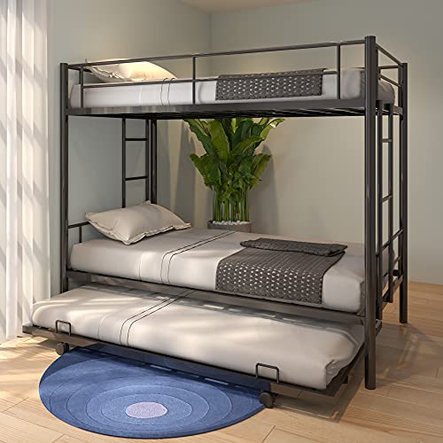 CALABASH Twin Over Twin Metal Bunk Bed with Trundle Heavy Duty Twin Size Metal Bunk Beds Frame with 2 Side Ladders Convertible Bunkbed with Safety Guard Rails,No Box Spring Needed (Black)