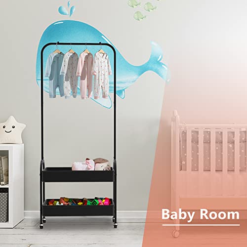 HIDODO Black Clothing Rack, Portable Garment Rack Rolling Clothes Organizer with 2 Tier Metal Baskets, Laundry Cart with Hanging Rack, Small Wardrobe Rack on Wheels for Bedroom, Laundry and Entryway