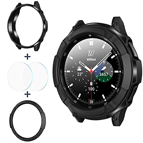 Goton 3 in 1 Accessories for Samsung Galaxy Watch 4 Classic 42mm, 1 Rugged TPU Armor Bumper Case Cover +2 Tempered Glass Screen Protector Films + 1 Bezel Ring for Galaxy Watch4 Classic 42mm Black