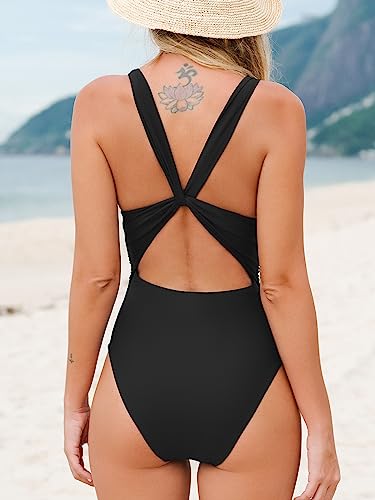 CUPSHE Women One Piece Swimsuit Deep V Neck Tummy Control Ruched V Back Classic Bathing Suits XL Black