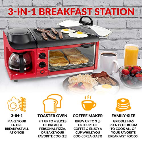 Nostalgia Retro Countertop Microwave Oven - Large 800-Watt - 0.9 cu ft - 12 Pre-Programmed Cooking Settings & Retro 3-in-1 Family Size Electric Breakfast Station, Non Stick Die Cast Grill/Griddle