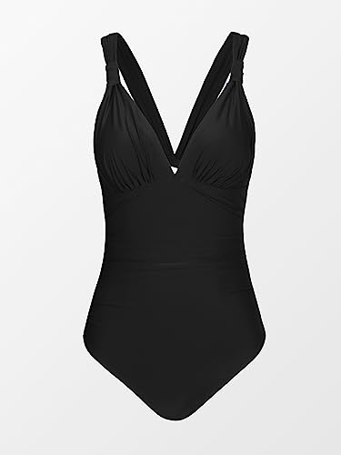 CUPSHE Women One Piece Swimsuit Deep V Neck Tummy Control Ruched V Back Classic Bathing Suits XL Black