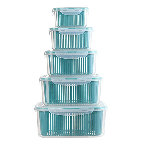 5 Pack Produce Saver Refrigerator Organizer Bins, 3-in-1 Multifunctional Draining Crisper with Strainers, Fresh-Keeping Container Storage Containers for Produce, Fruits, Vegetables, Meat and Fish (5)