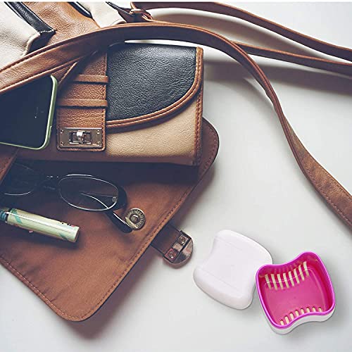 Denture Bath Cases with Denture Cleaner Brushes Denture Cups Denture Boxes Bath Dentures Container with Basket Denture Holder Denture Brush Retainer Case for Travel Retainer Cleaning (Pink)