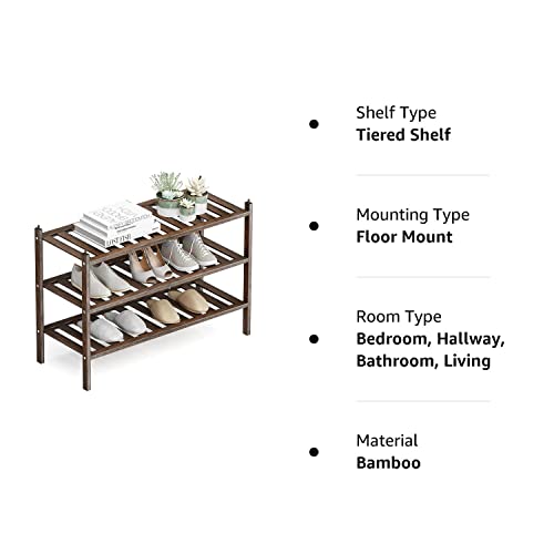 Dranixly Shoe Rack, 3-Tier Bamboo Stackable Shoe Shelf Storage Organizer, Shoe Stand for Closet, Entryway, Hallway, Bathroom and Living Room(Mocha)