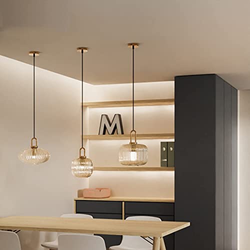 Debbte Industrial Vintage Pendant Lighting with Ribbed Glass Lamp Shade and Bronze Finish, Modern Retro Ceiling Light Hanging Lamp for Bedside Dining Table Kitchen Island (Transparent, 11.8")