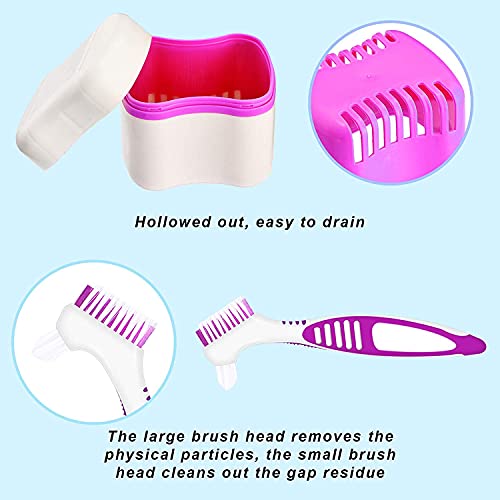 Denture Bath Cases with Denture Cleaner Brushes Denture Cups Denture Boxes Bath Dentures Container with Basket Denture Holder Denture Brush Retainer Case for Travel Retainer Cleaning (Pink)