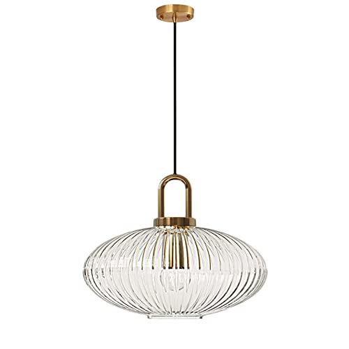 Debbte Industrial Vintage Pendant Lighting with Ribbed Glass Lamp Shade and Bronze Finish, Modern Retro Ceiling Light Hanging Lamp for Bedside Dining Table Kitchen Island (Transparent, 11.8")