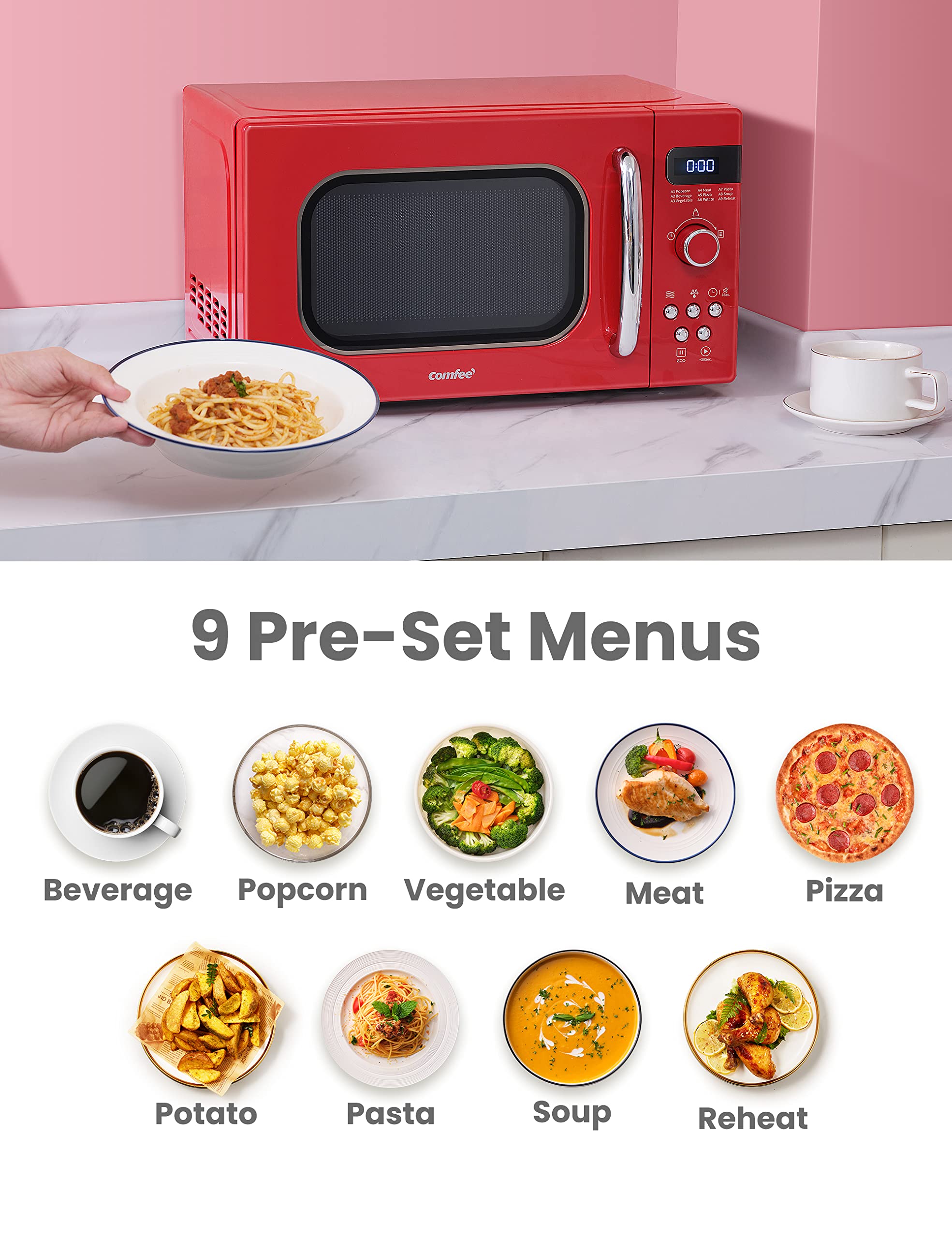 COMFEE' 1.6 Cubic Feet Solo Series Retro Refrigerator Sleek Appearance HIPS Interior, Energy Saving, Adjustable Legs & Retro Small Microwave Oven With Compact Size, 9 Preset Menus, Position-Memory