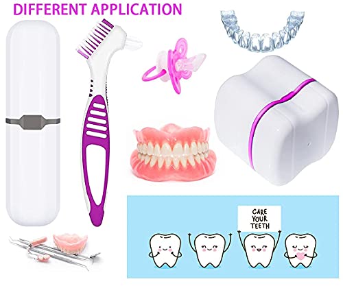 Denture Bath Cases with Denture Cleaner Brushes Denture Cups Denture Boxes Bath Dentures Container with Basket Denture Holder Denture Brush Retainer Case for Travel Retainer Cleaning (Pink)