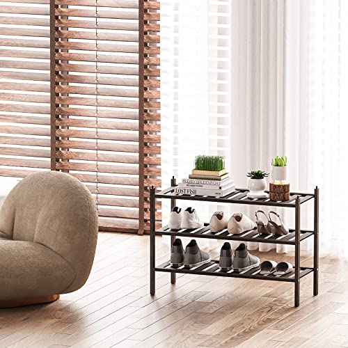 Dranixly Shoe Rack, 3-Tier Bamboo Stackable Shoe Shelf Storage Organizer, Shoe Stand for Closet, Entryway, Hallway, Bathroom and Living Room(Mocha)