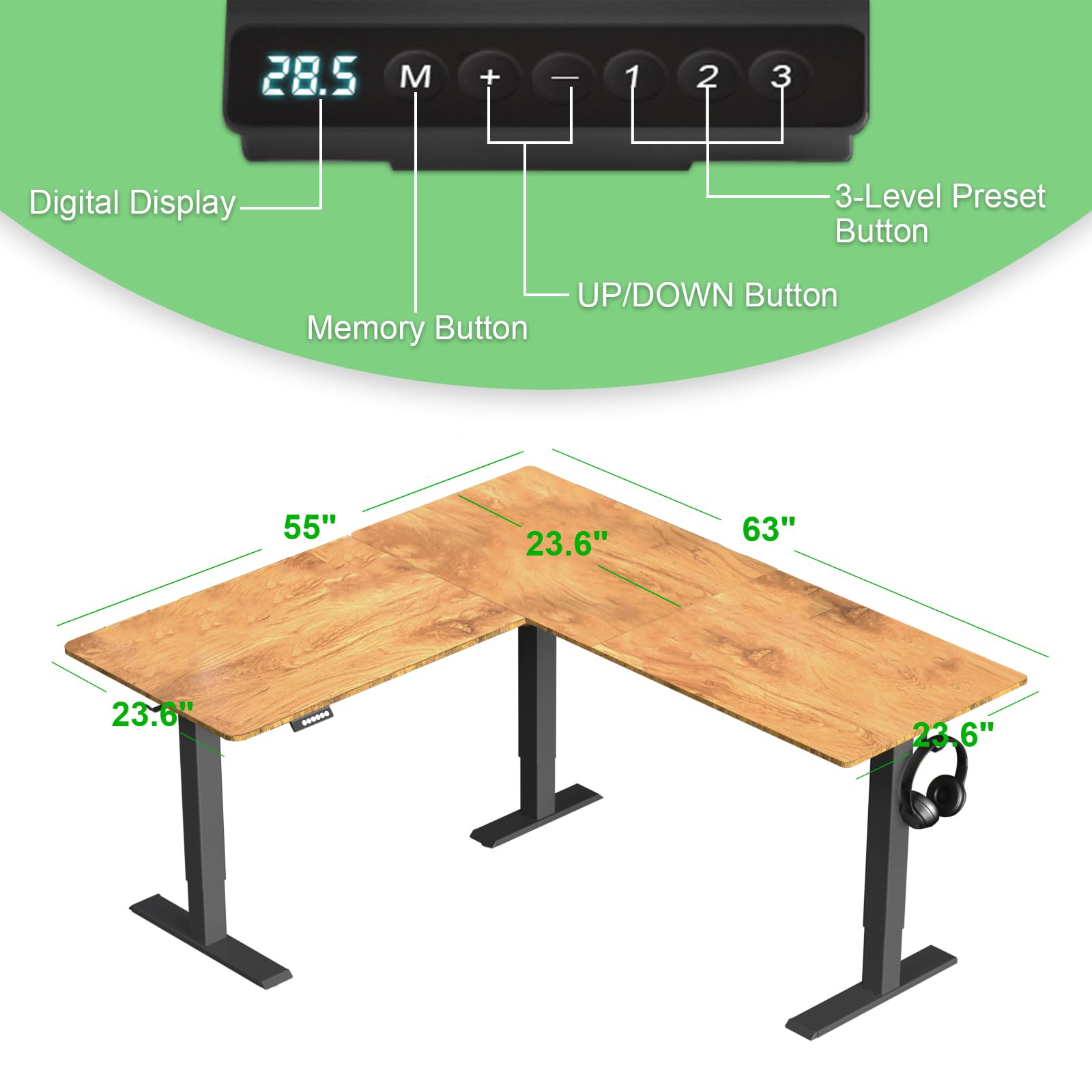 ExaDesk Upgrade Version 63 * 55 inch L Shaped Electric Adjustable Height Standing Desk, Corner Stand Up Desk, Sit Stand Computer L Desk for Gaming Office