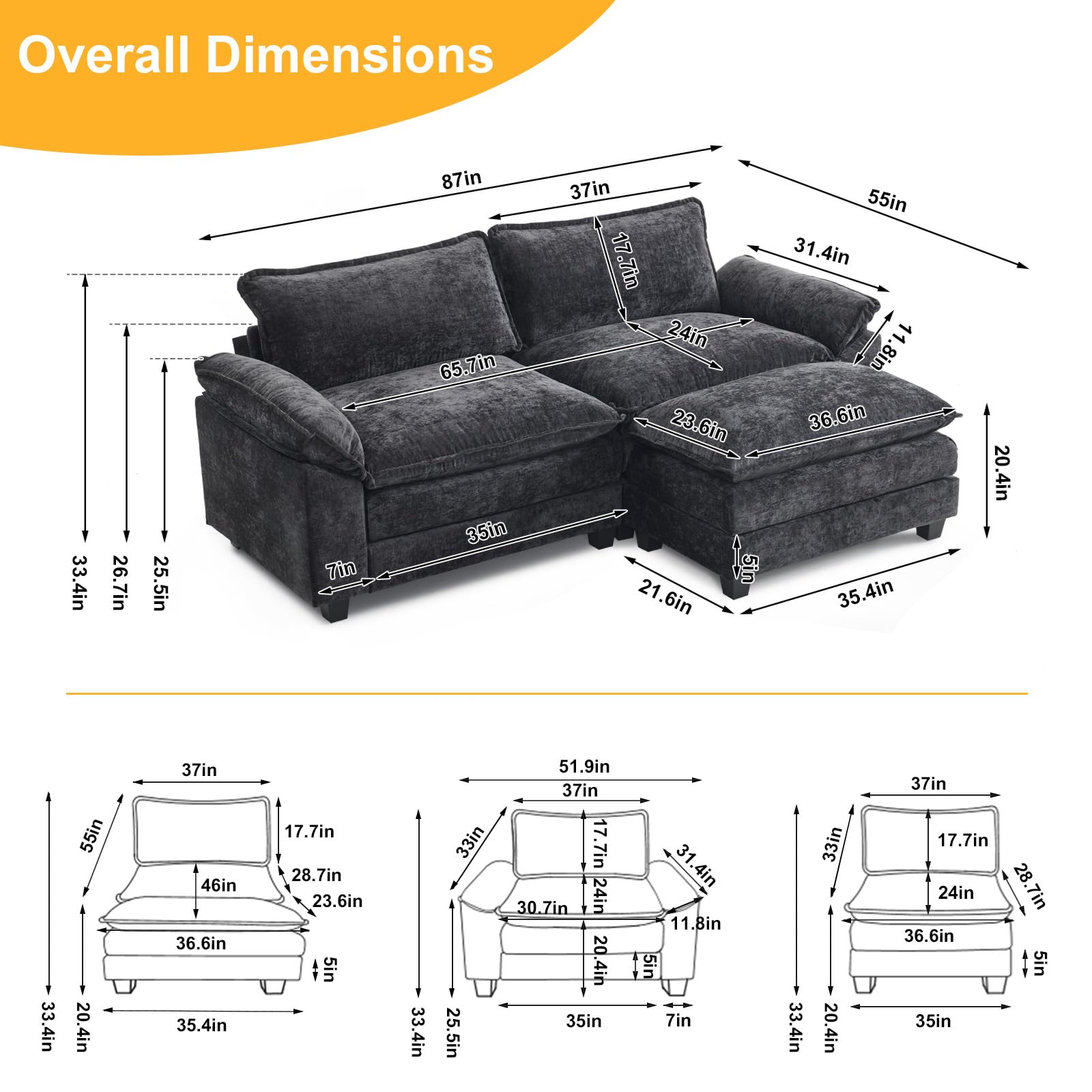 Karl home Sectional Sofa Modular Deep Seat Sofa Couch with Ottoman, Chenille Sofa Sleeper Comfy Upholstered Furniture for Living Room, Apartment, Studio, Office, (2-Seat & 1-Ottoman, Black)