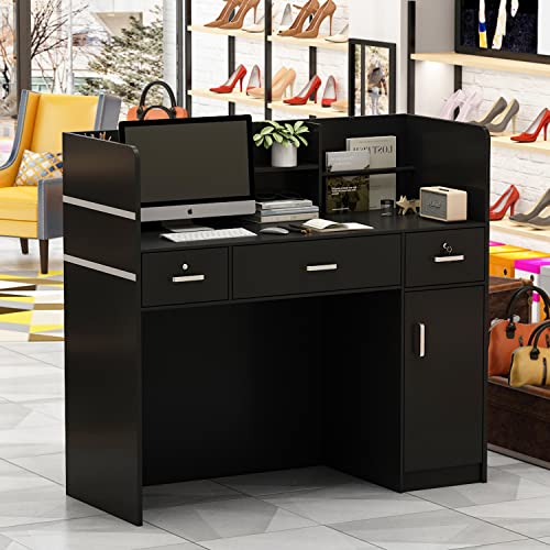 Homsee Modern Reception Desk with 3 Drawers, 1 Door Storage Cabinet & Hutch Shelf, Office Wooden Computer Desk, Writing Study Table PC Laptop Desk, Black (47.3" L x 18.3" W x 43.3" H)