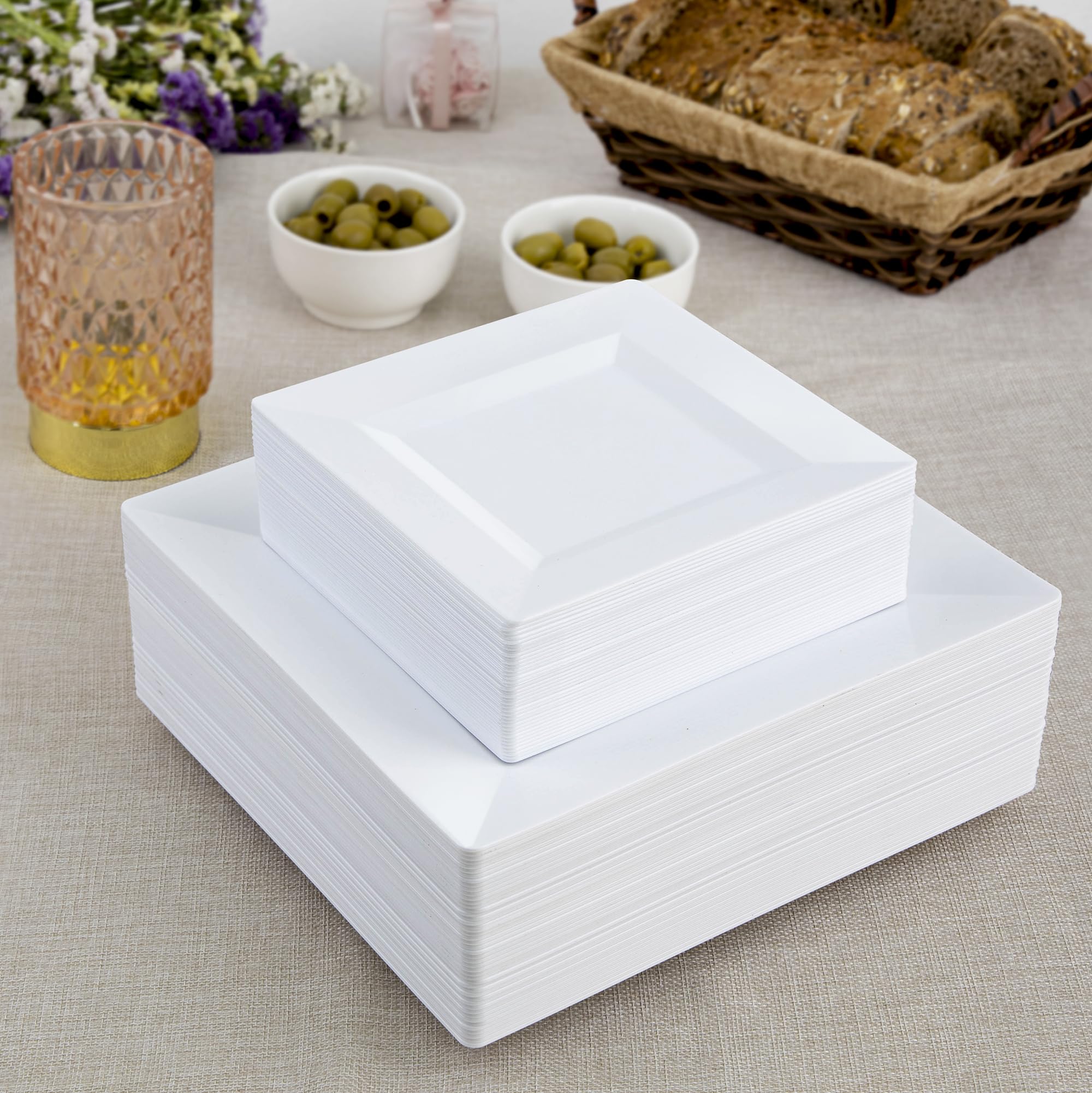 SETUP [100 Piece Combo White Square Plates, Disposable Plastic Plates - Premium Heavy-Duty 50 Disposable 9.5" Dinner Party Plates and 50 Disposable 6.5" Salad Plates