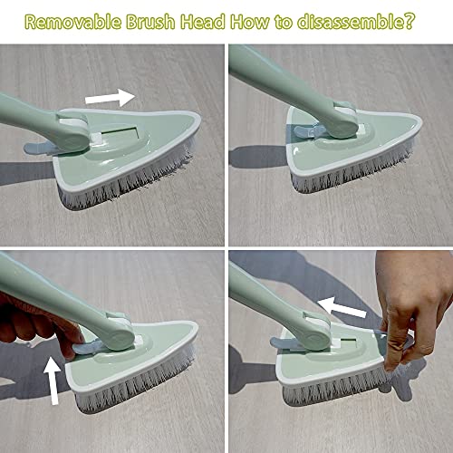 CQT 2 in 1 Bathroom Cleaning Brush with 46" Extendable Long Handle Detachable Stiff Bristles Scrub Brush with 2 Scrubber heads and 2 Scouring Pad Head for Cleaning Bathtub Shower Bathroom (AppleGreen)