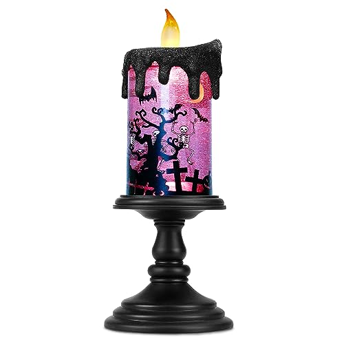 DERAYSION 10" Halloween Snow Globe Candle Lantern, Battery Operated Glittering Lighted Rotating Flameless Candles, 3 AA Battery-Powered Halloween Decoration Gifts for Friends, Loved Ones and Children