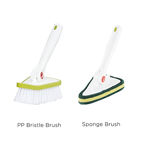 CQT 2 in 1 Bathroom Cleaning Brush with 46" Extendable Long Handle Detachable Stiff Bristles Scrub Brush with 2 Scrubber heads and 2 Scouring Pad Head for Cleaning Bathtub Shower Bathroom (AppleGreen)