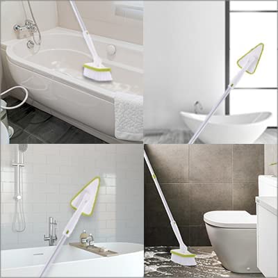 CQT 2 in 1 Bathroom Cleaning Brush with 46" Extendable Long Handle Detachable Stiff Bristles Scrub Brush with 2 Scrubber heads and 2 Scouring Pad Head for Cleaning Bathtub Shower Bathroom (AppleGreen)