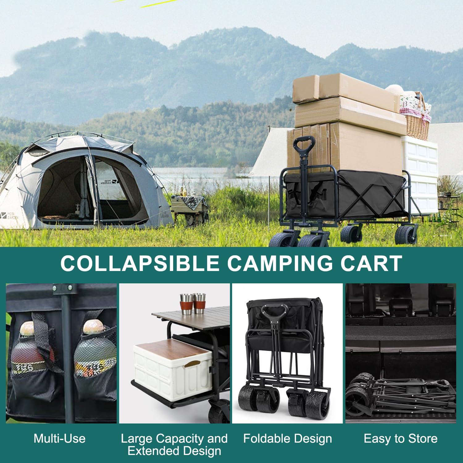 Collapsible Beach Cart with Table, Foldable Wagon for Camping, Shopping, Sports, Gardening, and Fishing - Portable Folding Wagon Cart Large Capacity Extended Trailer