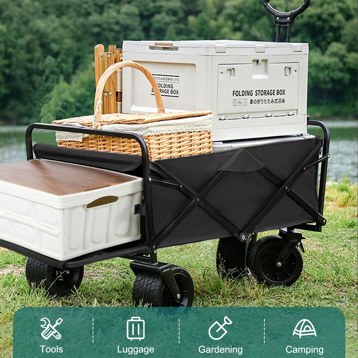 Collapsible Beach Cart with Table, Foldable Wagon for Camping, Shopping, Sports, Gardening, and Fishing - Portable Folding Wagon Cart Large Capacity Extended Trailer