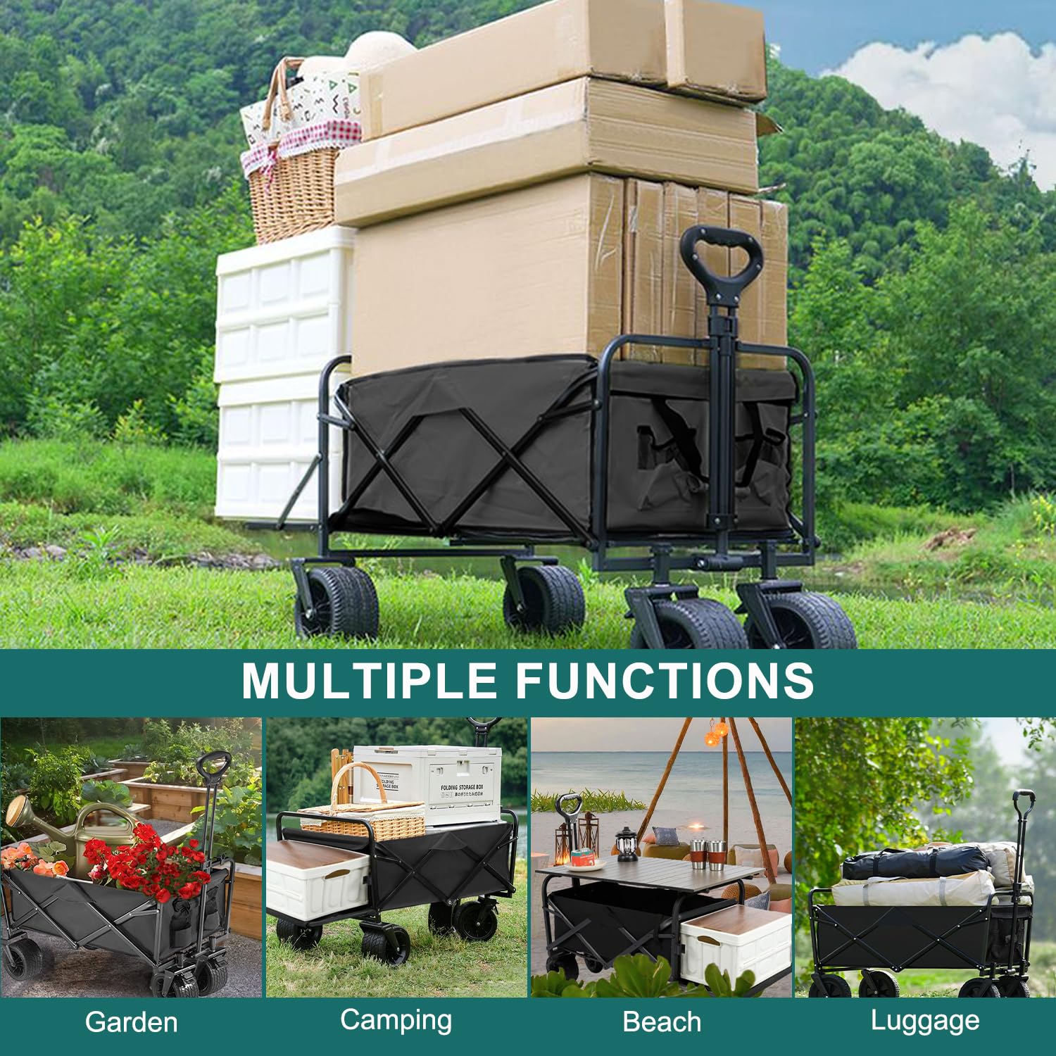 Collapsible Beach Cart with Table, Foldable Wagon for Camping, Shopping, Sports, Gardening, and Fishing - Portable Folding Wagon Cart Large Capacity Extended Trailer