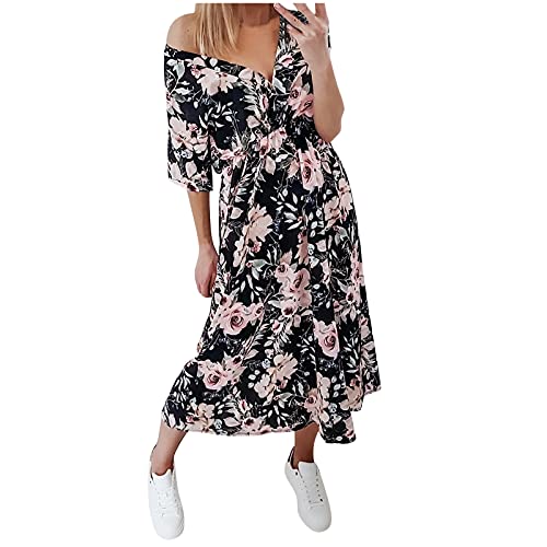 WYTong Women Boho Dresses Short Sleeve Deep V-Neck Casual Dress Pleated Waist Maxi Dress With Belt(Navy,Small)