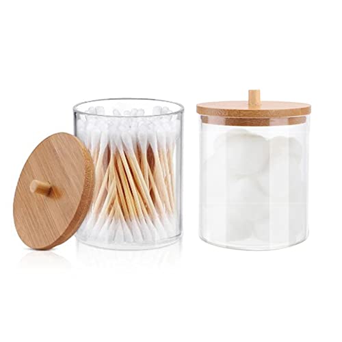 JIEQIJIAJU 2 Pack Acrylic Qtip Holders, Large Cotton Round Holder with Bamboo Lid Clear Apothecary Jars Bathroom Canister Storage for Q-Tips, Cotton Pads & Swab, Hair Ties, Makeup Brush Organizing