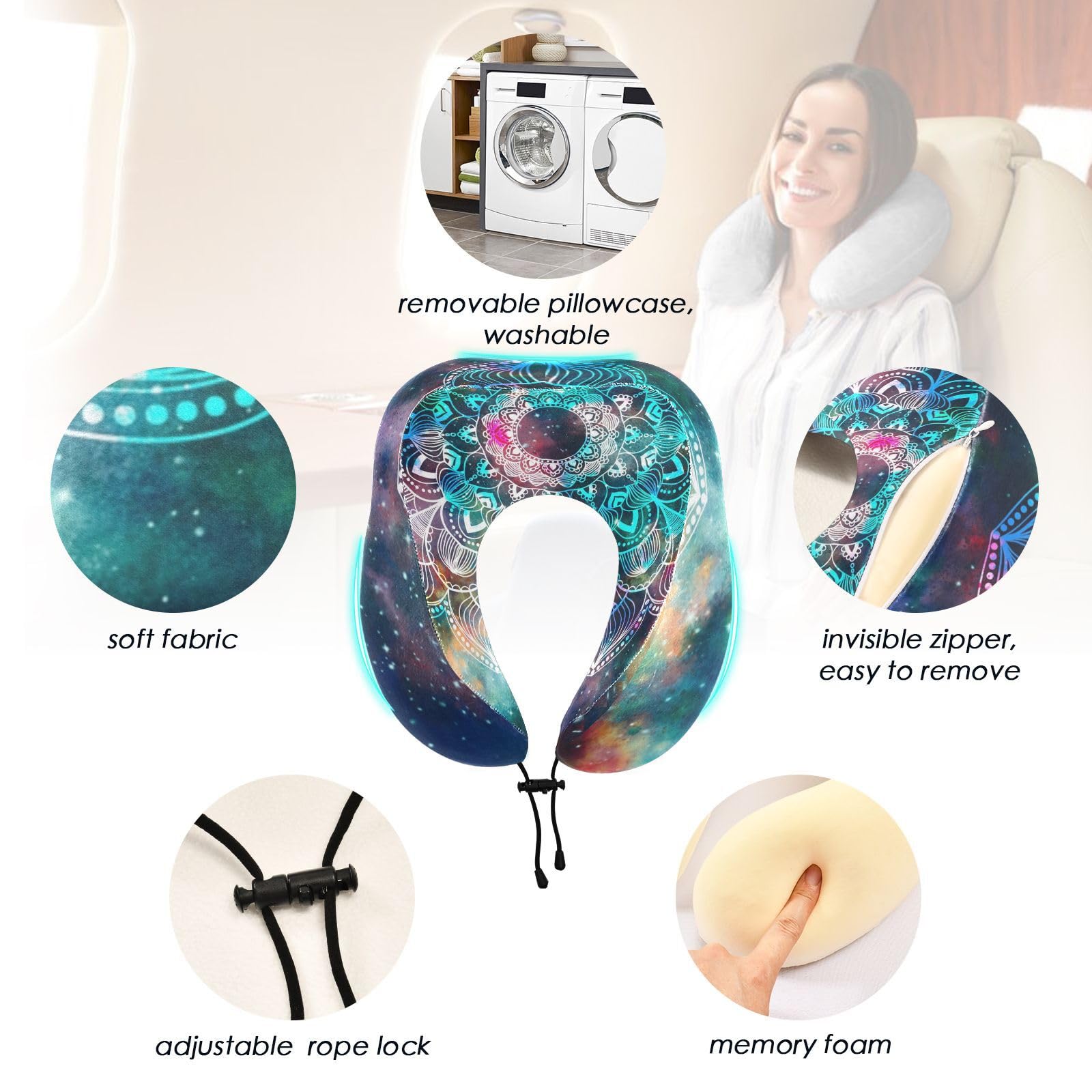 ALAZA Galaxy Mandala Neck Pillow Travel for Sleeping Airplane Travel Kit with Snap Clip & Storage Bag