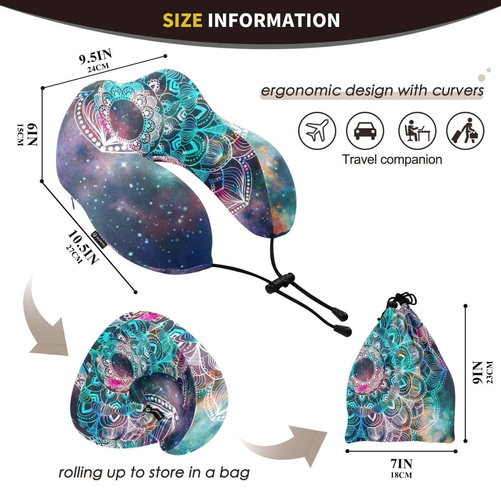 ALAZA Galaxy Mandala Neck Pillow Travel for Sleeping Airplane Travel Kit with Snap Clip & Storage Bag