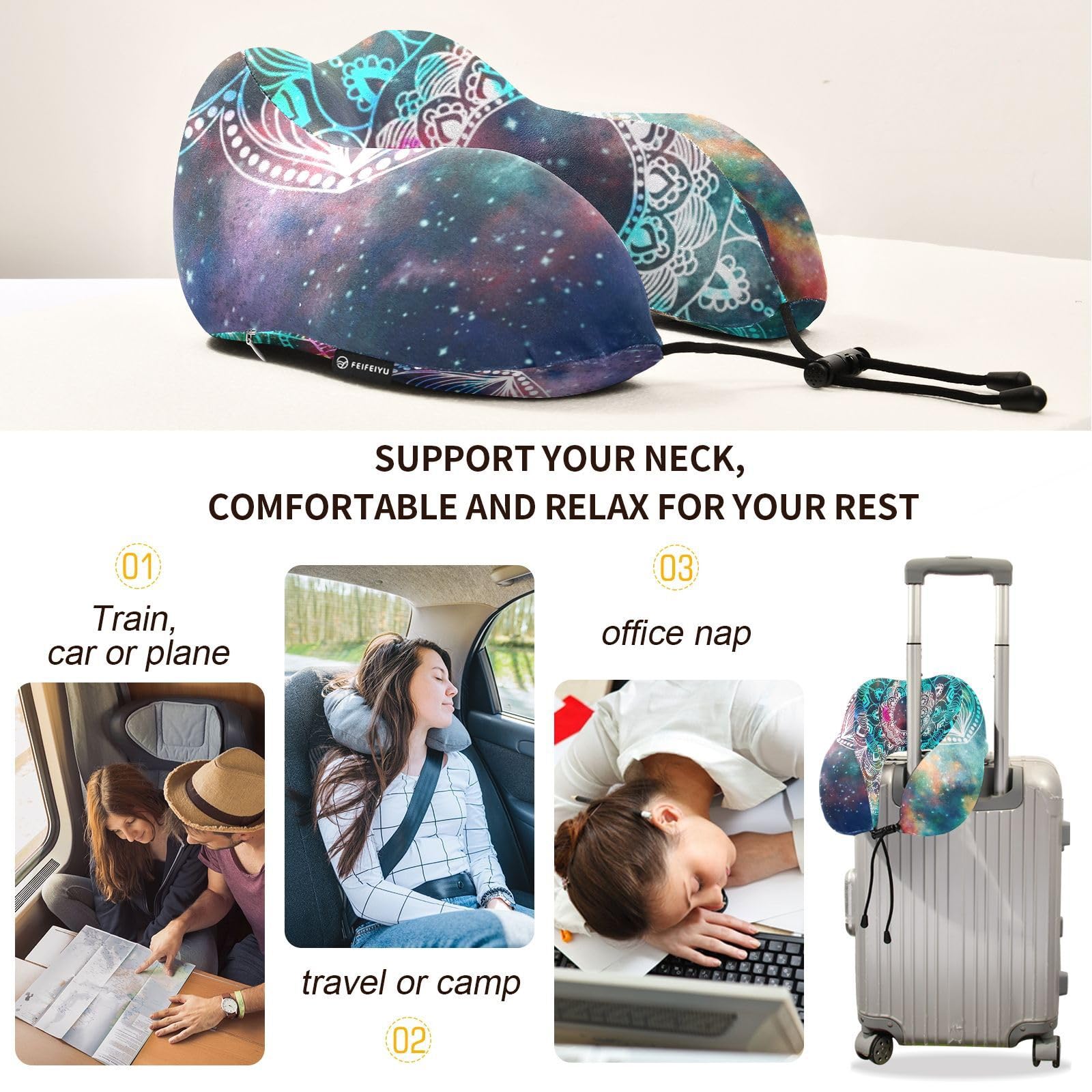 ALAZA Galaxy Mandala Neck Pillow Travel for Sleeping Airplane Travel Kit with Snap Clip & Storage Bag