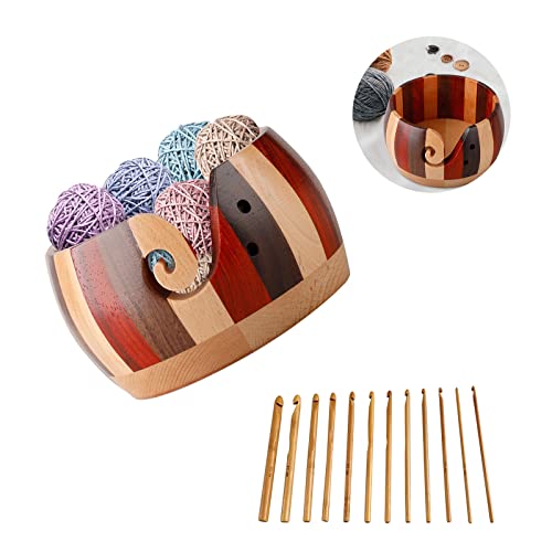 lynn Wooden Yarn Bowl,Wool Storage Crochet Organizer Bowl,with 12pcs Knitting Crochet Accessories, Multicolor (201122XA02#AA#SO#0AU)