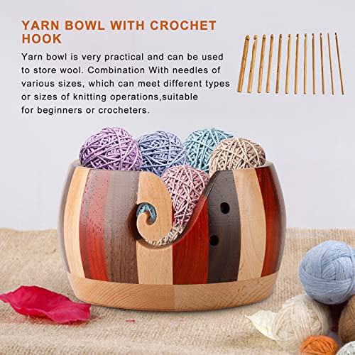 lynn Wooden Yarn Bowl,Wool Storage Crochet Organizer Bowl,with 12pcs Knitting Crochet Accessories, Multicolor (201122XA02#AA#SO#0AU)