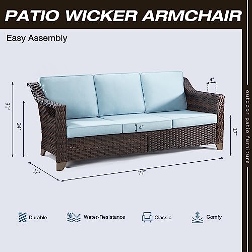 MeetLeisure 77'' Patio Sofa, All Weather Outdoor Rattan Wicker 3-Seat Sofa High Back Couch with Premium Cushions for Garden Backyard Porch(Brown/Azure)