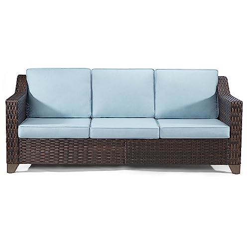 MeetLeisure 77'' Patio Sofa, All Weather Outdoor Rattan Wicker 3-Seat Sofa High Back Couch with Premium Cushions for Garden Backyard Porch(Brown/Azure)