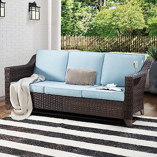 MeetLeisure 77'' Patio Sofa, All Weather Outdoor Rattan Wicker 3-Seat Sofa High Back Couch with Premium Cushions for Garden Backyard Porch(Brown/Azure)